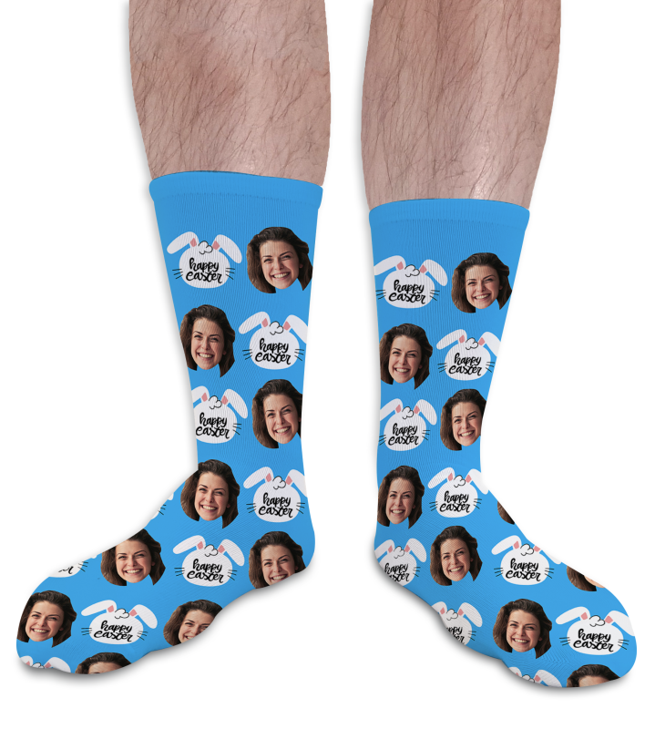 Happy Easter Bunny Blue Personalised Photo Socks - Photo Socks UK